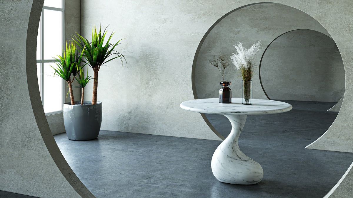 The Kachi Table with a unique wavy solid base