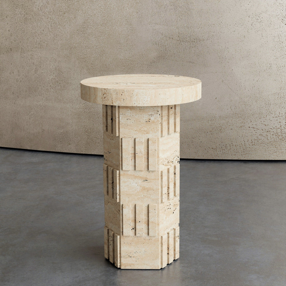 Nex Pedestal Custom Side Table! Crafted with durable travertine