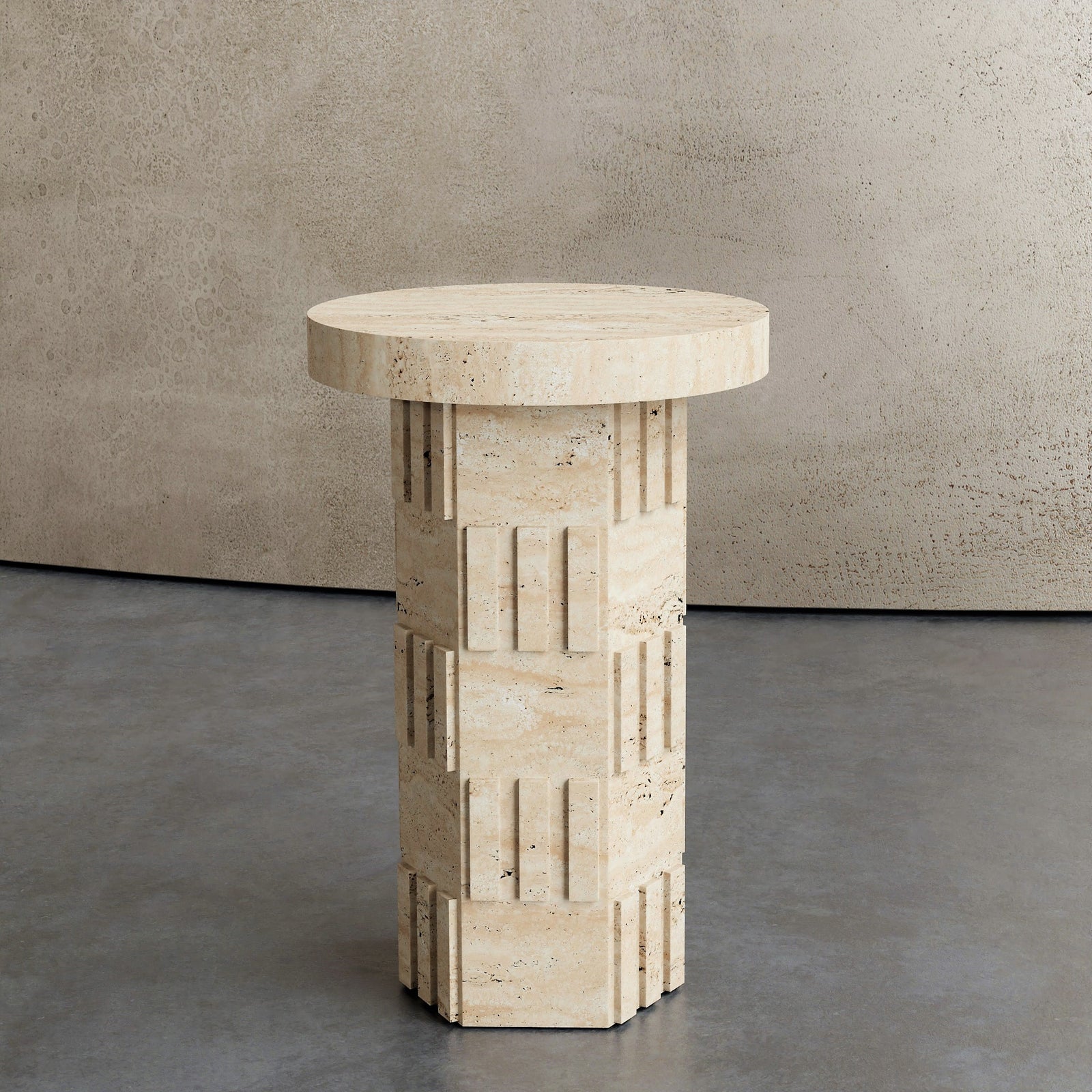 Nex Pedestal Custom Side Table! Crafted with durable travertine