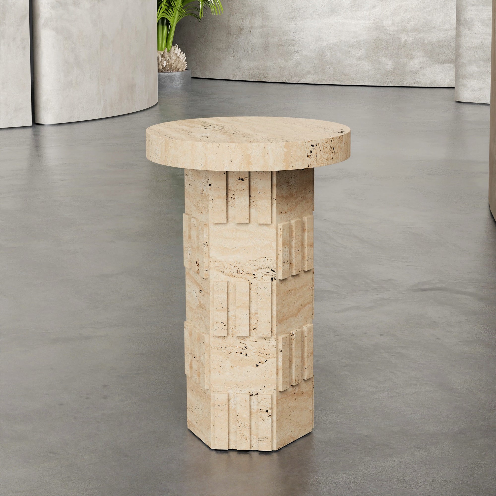 Nex Pedestal Custom Side Table! Crafted with durable travertine