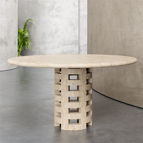 Round Brace Customizable Stone Dining Table features a unique design
