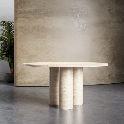 Thri Dining Table travertine dining table, three cylindrical solid legs