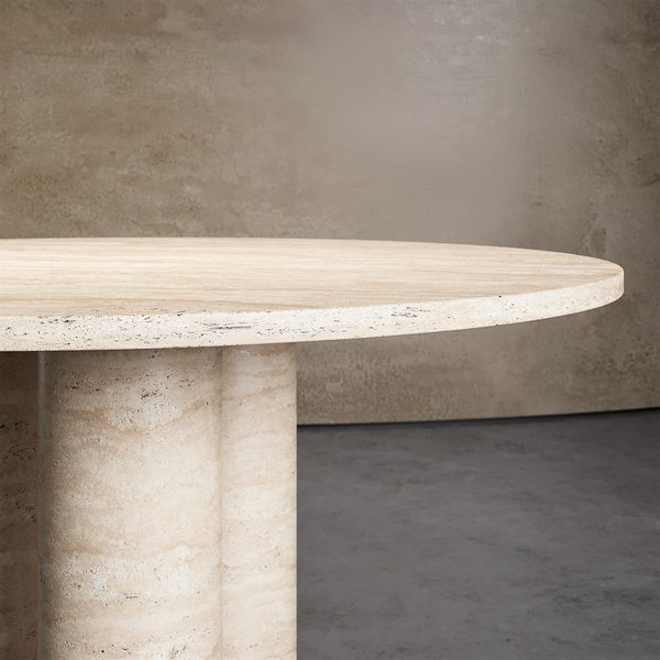Thri Dining Table travertine dining table, three cylindrical solid legs